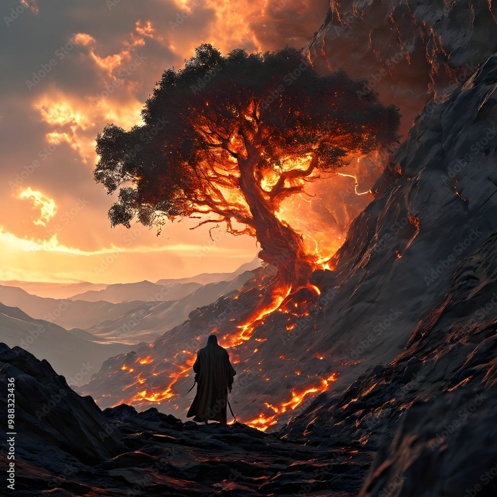 Biblical illustration, Moses saw a burning bush but was not consumed by ...