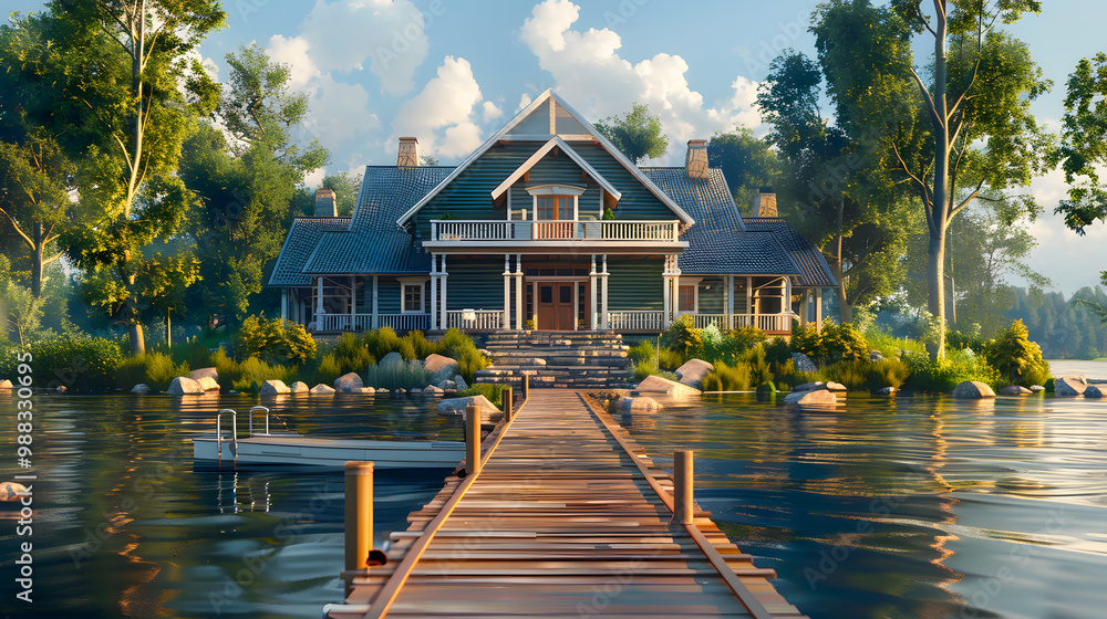 Beautiful lake house with dock shows a large wooden deck leading up to ...