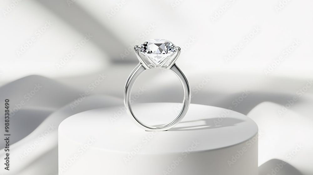 Gleaming diamond ring worn on a finger, elegantly displayed on a podium ...