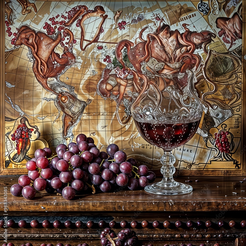 Wine's origin story. A surreal composition depicts grapes transforming ...