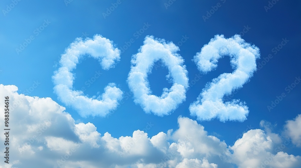 CO2 chemical formula is written in clouds on a blue sky background ...
