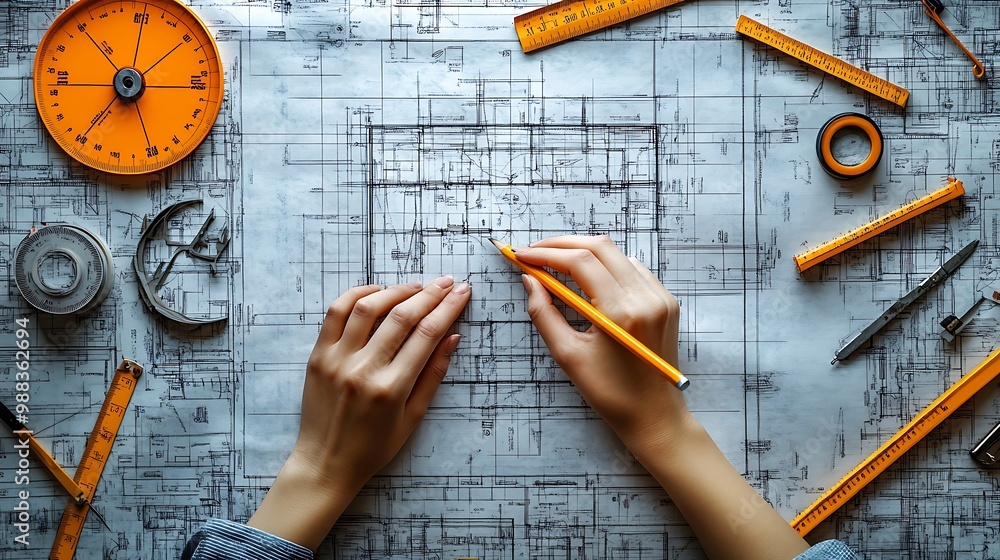 Detailed shot of hands making annotations on a blueprint with a pencil ...
