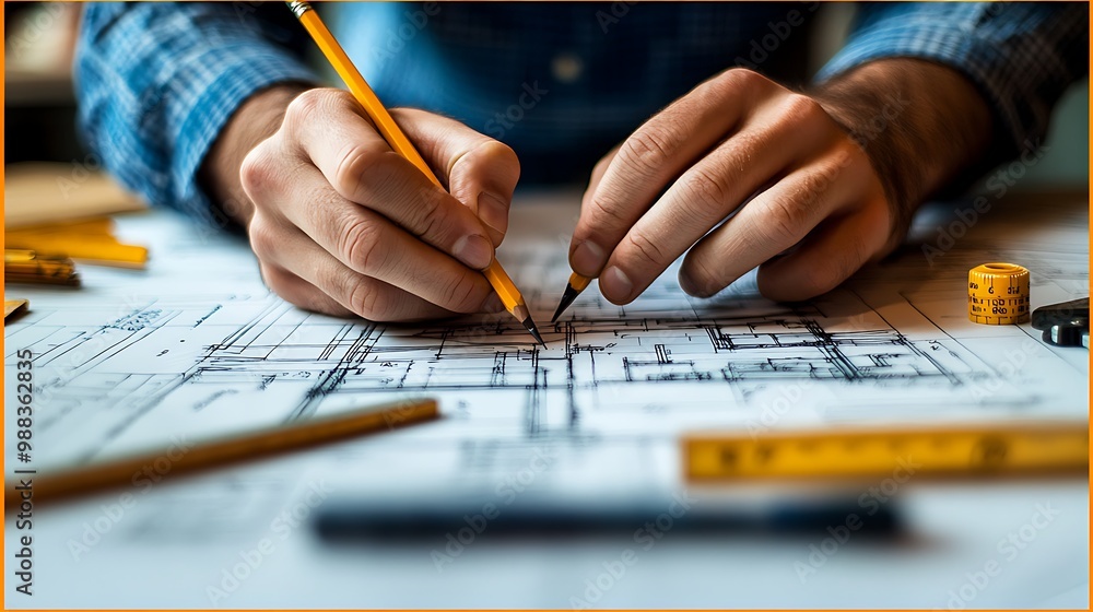 Detailed shot of hands making annotations on a blueprint with a pencil ...