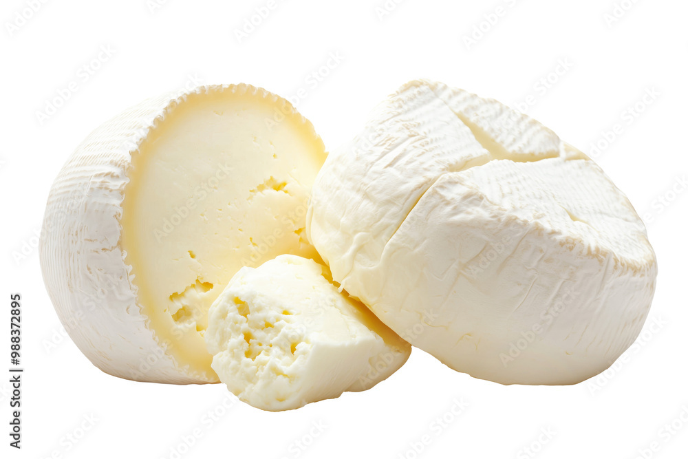 Soft cheese wheel with a wedge cut out. Brined curd isolated on white ...