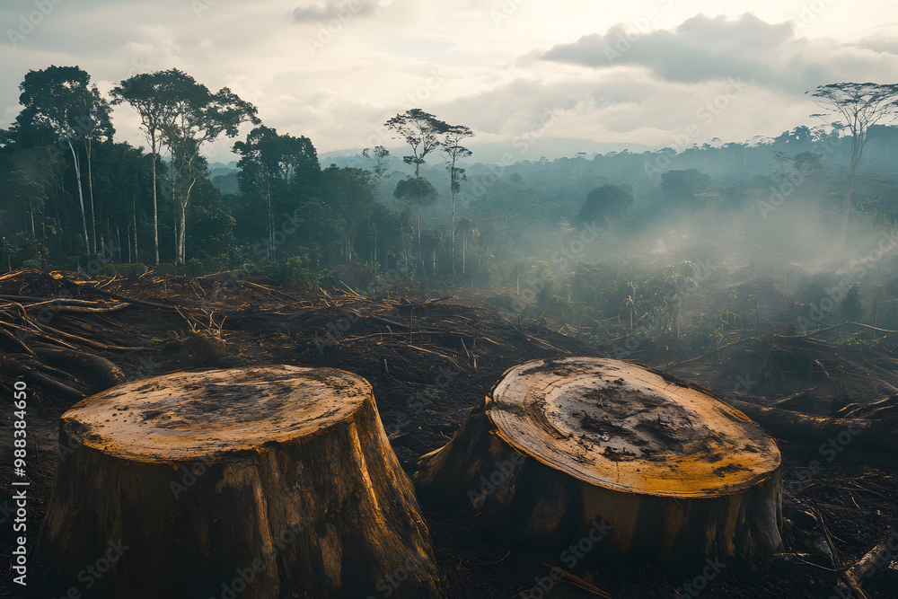Deforestation aftermath, large tree stumps, forest destruction ...