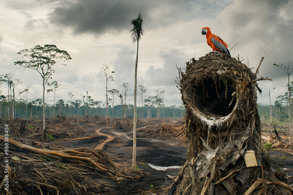 Scarlet macaw on a tree stump in a deforested Amazon rainforest ...
