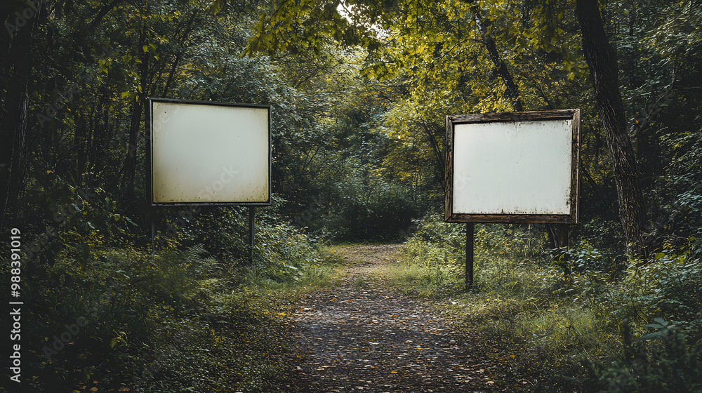 Blank signboards in forest, empty wooden boards, nature path signage ...