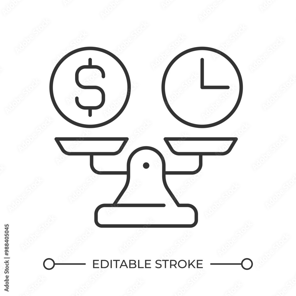 Time money balance linear icon. Dollar sign and clock on balance scale ...