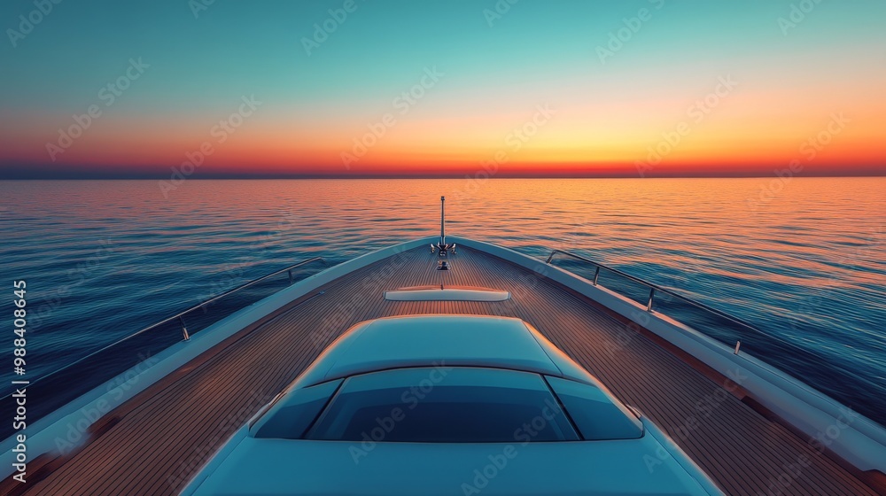 A tranquil scene of a luxury boat slicing through still ocean waters ...