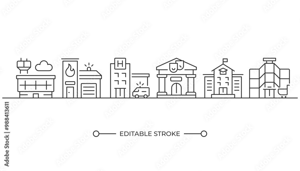 City infrastructure linear icon. Urban planning. Public services ...