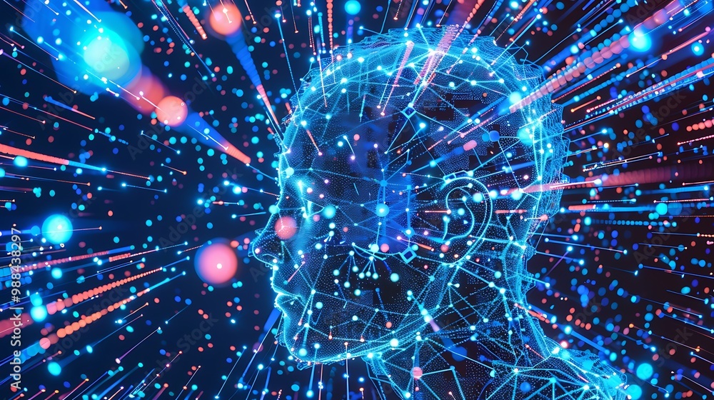 Abstract digital art portrait depicting a human head with neon lines ...