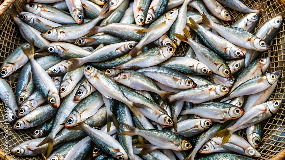 Top view of numerous small gray fishes caught in a fishing net, fishing ...