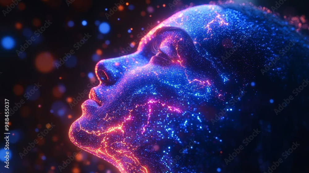 A dissolving capsule releasing holographic particles, forming a human ...