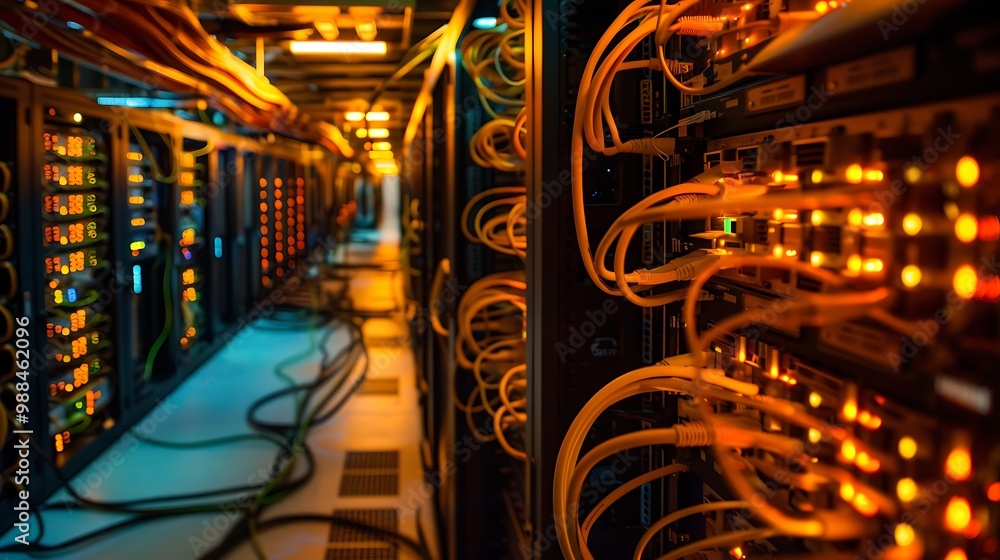 Server room with rows of servers connected by a complex network of ...