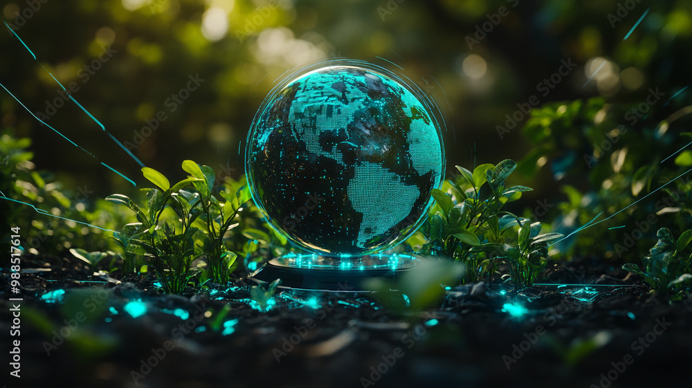 3D holographic projection of Earth emerges from lush greenery ...