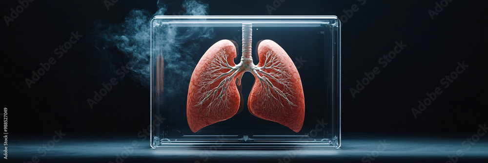 Lungs. Human lungs encased in a transparent refrigeration unit ...