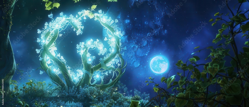 Gemini symbol made of intertwining vines and glowing flowers, set in a ...