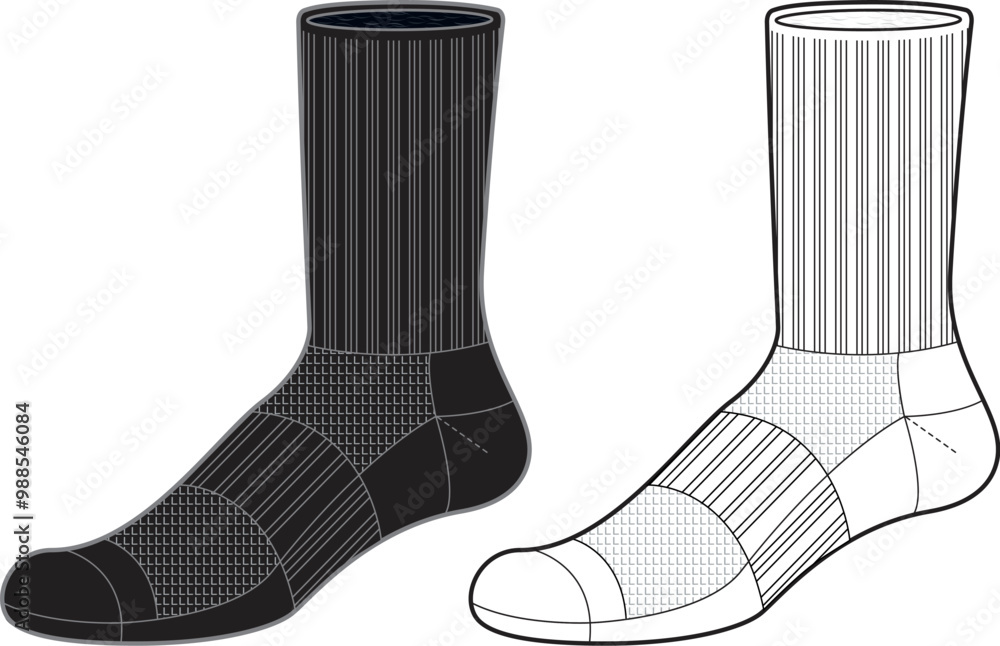 Sock tech pack flat sketch template cad illustration drawing unisex mid ...