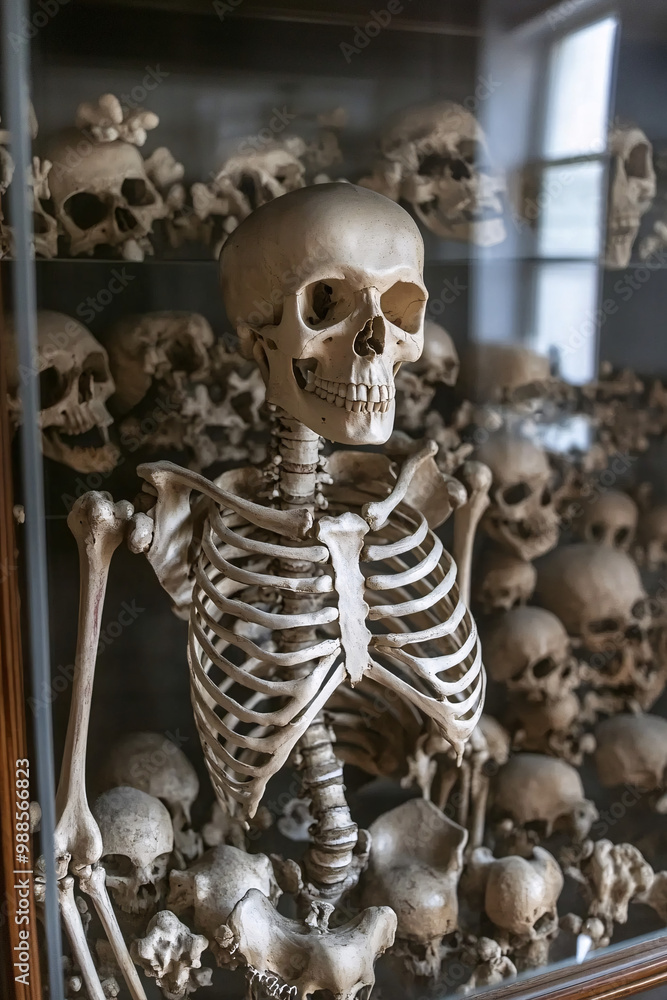 Skeleton. Human bones meticulously arranged in a display case. Isolated ...