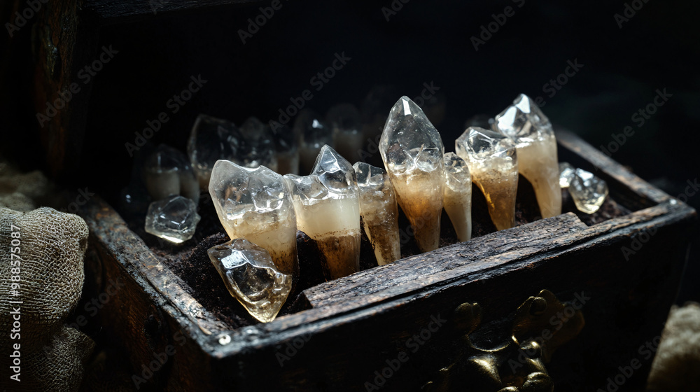 Teeth. Human teeth as gemstones in a treasure chest. Dark background ...