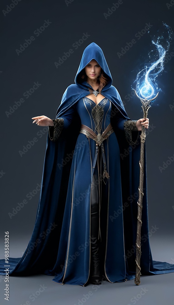 wizard magic fantasy posing rendering 3d staff using female cloaked ...