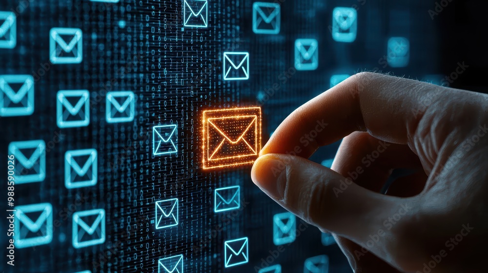 Hand selecting an email icon from a digital interface with blue and ...