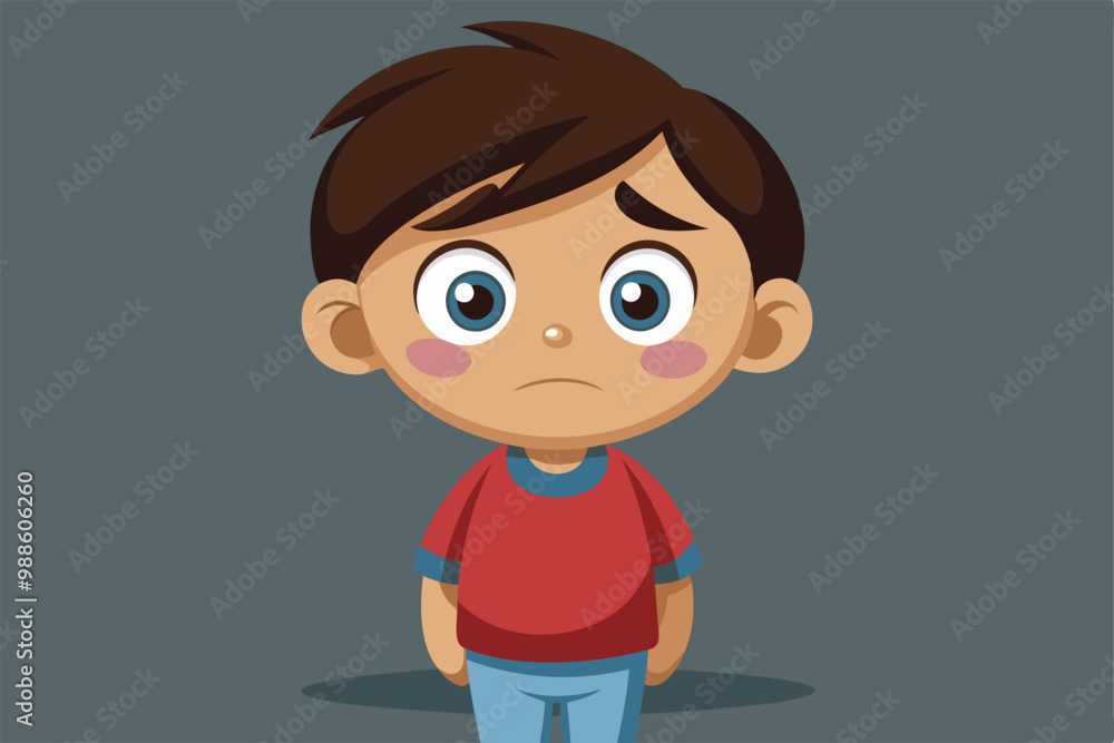 A sad cartoon child looks down with tears in his eyes, expressing deep ...