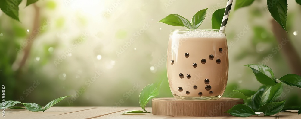 Bubble milk tea advertisement with leaves elements on summer background ...