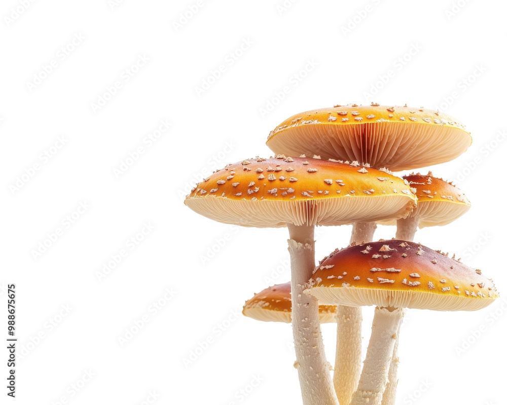 Colorful mushrooms with orange caps and white spots on a white isolate ...