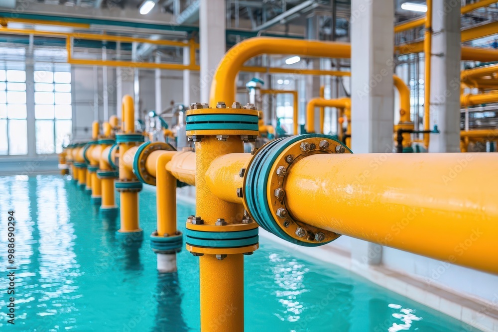 Water recycling facility with pipes, pumps, and filtration systems in ...