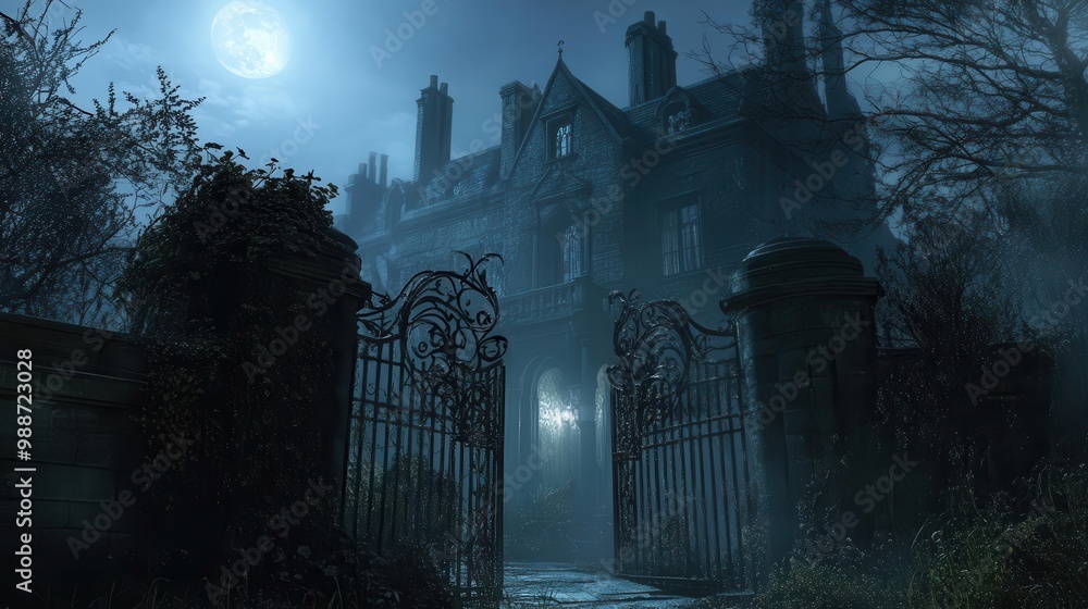 Ilustrace gothic mansion shrouded in eerie mist with twisted iron gates ...