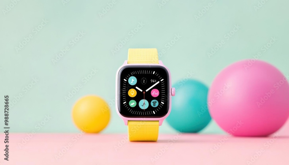 Fitness tracking with pastel smartwatch and exercise icons, minimalist ...