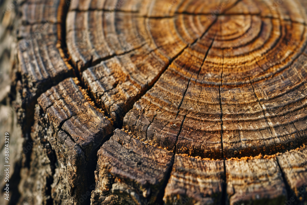 Processed image of tree ring old weathered wood texture with the cross section of a cut log ...