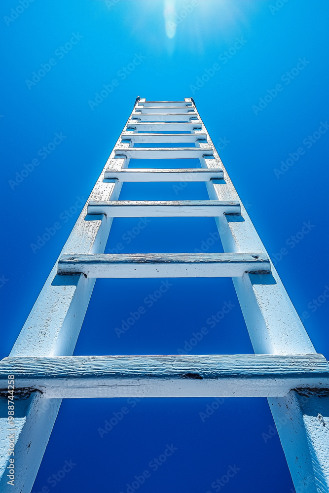 White ladder extending into a bright blue sky, symbolizing limitless ...