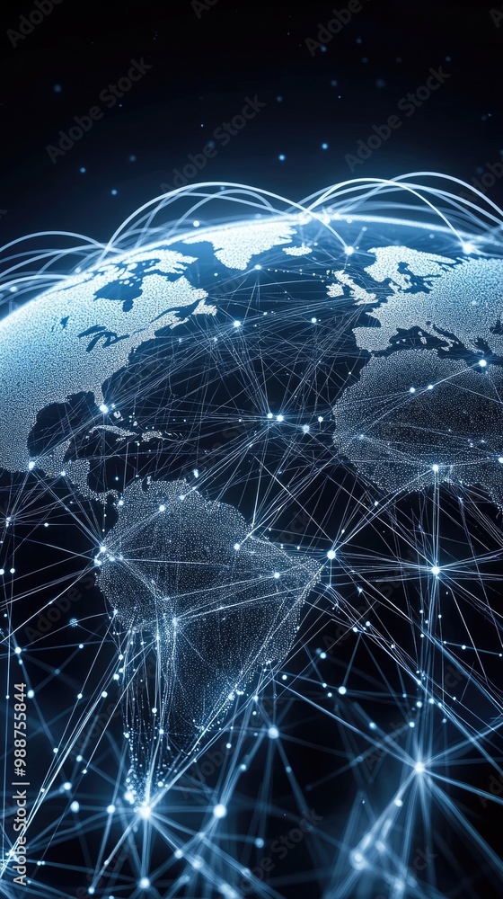 This visual displays a digital world map featuring a grid structure ...