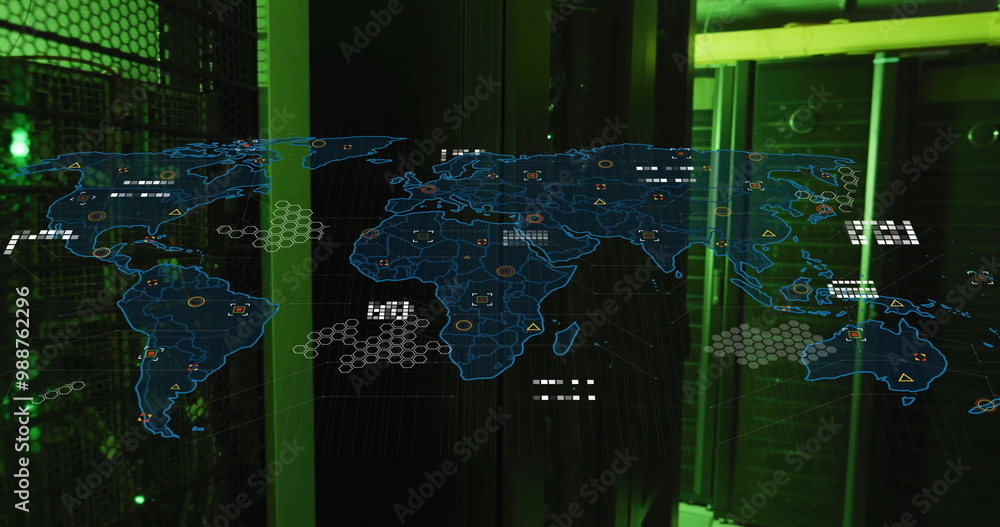 World map with data points and network connections image over server ...