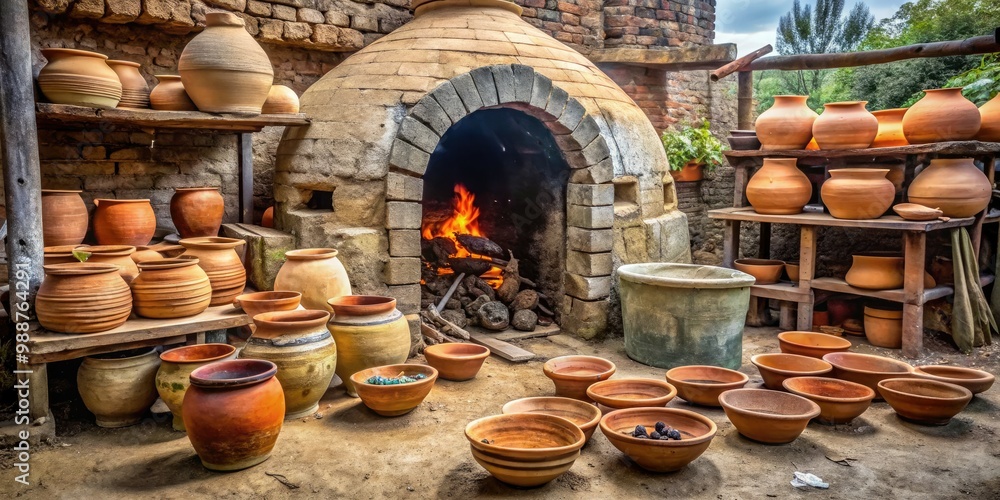 Warm glow emanates from the rustic pottery kiln, where ceramic pots in ...