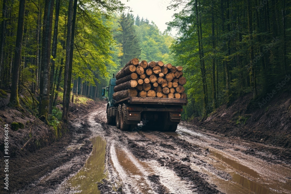 Sturdy and rugged log truck is successfully navigating muddy forest ...