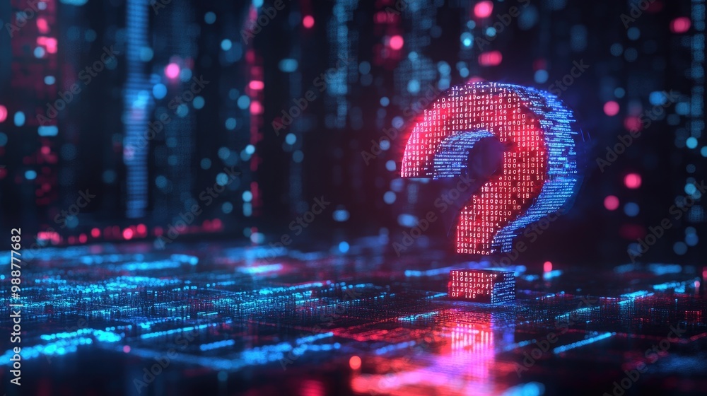 Binary code and a 3D digital question mark, highlighting AI's ...