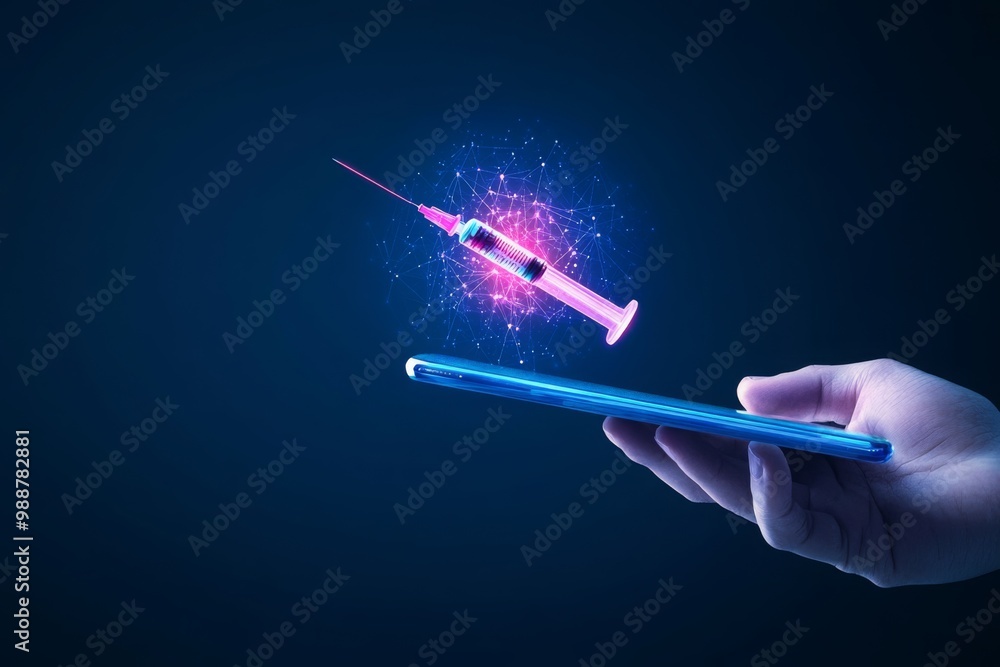 syringe icon emerging from a digital tablet. Smart Injection Digital ...