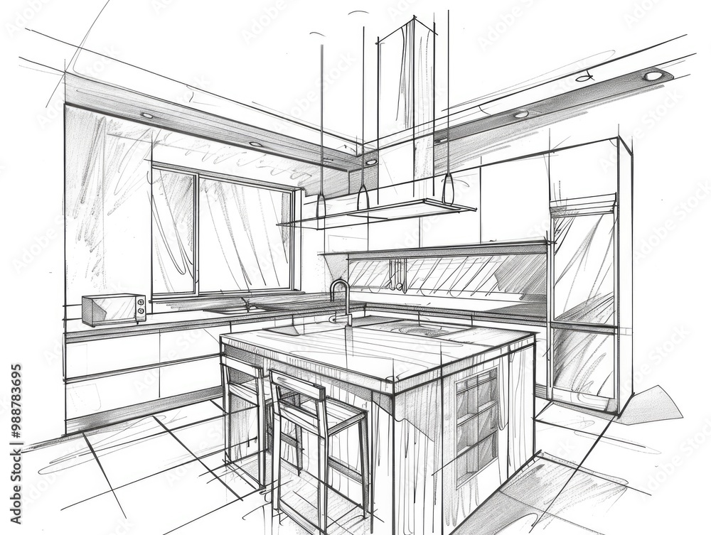 Kitchen Design Sketch. Abstract Interior Architecture Perspective in ...