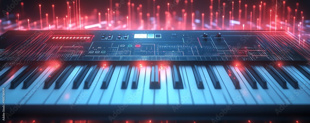 A keyboard with digital sound effects, electronic music vibe ...