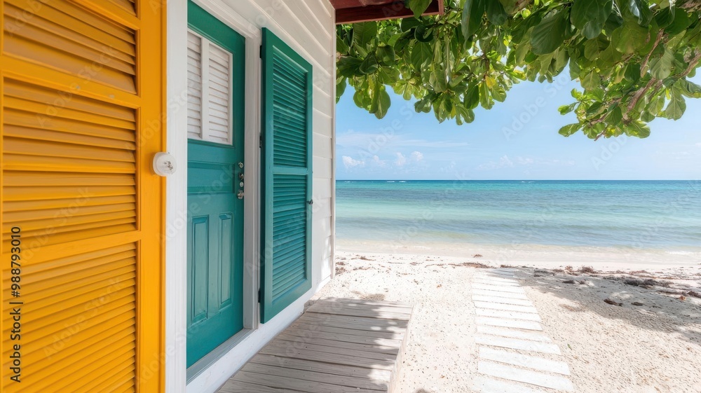 Charming beachfront bungalow with colorful shutters and a pathway ...
