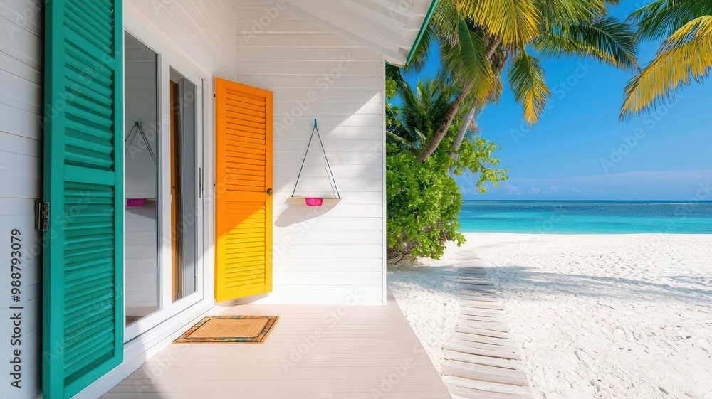Charming beachfront bungalow with colorful shutters and a pathway ...