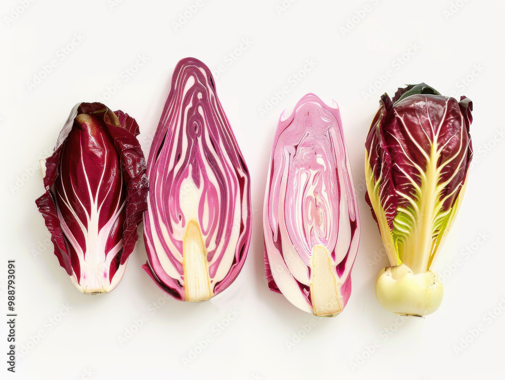 Variety of cut leafy vegetables including radicchio, endive, and ...