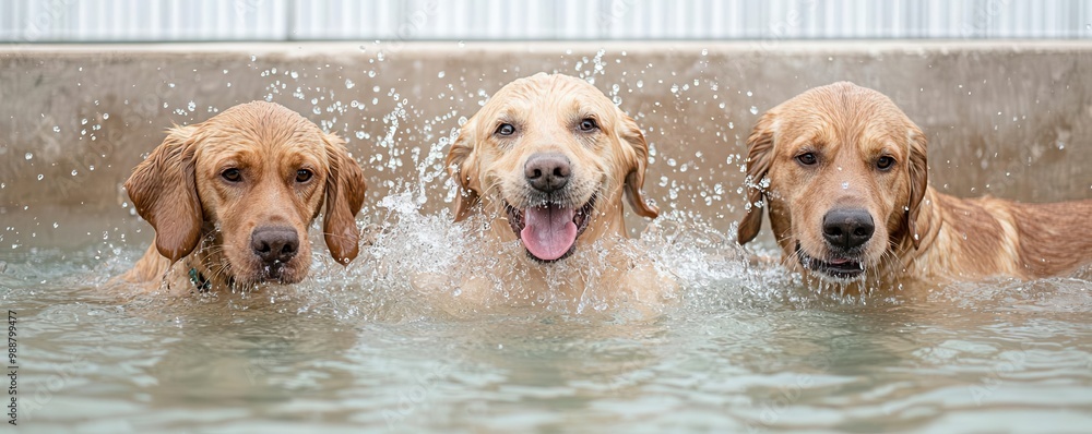 Dogs splashing in a shallow pool during water play at a doggy daycare on a hot day doggy daycare ...