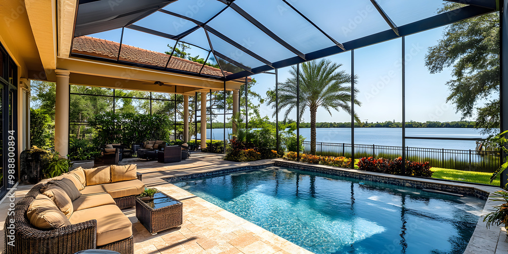 Florida luxury mansion lanai patio on the waterfront with screened in ...