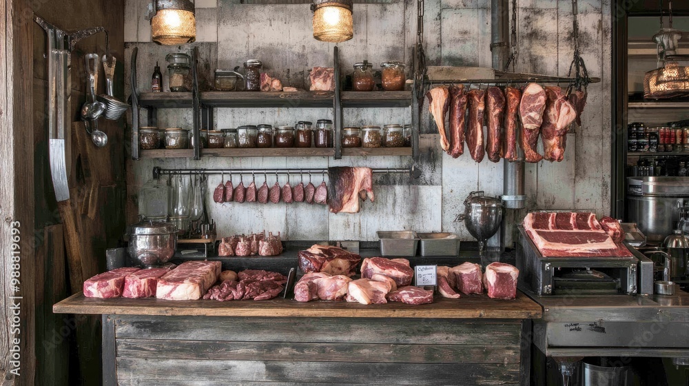 Fresh cuts of meat displayed in a vintage butcher shop setting, with ...