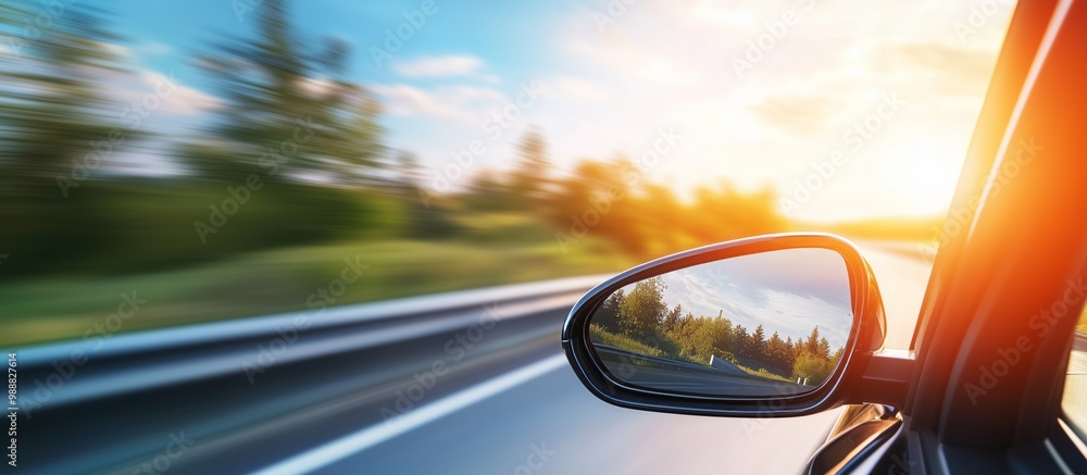 Rear view side mirror of a car on a highway, seen through the rear view ...