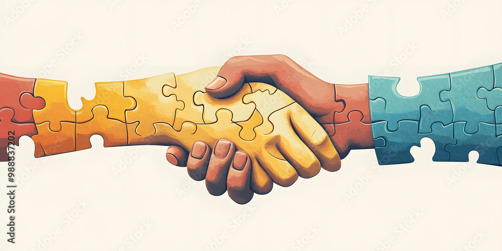 An illustration of a handshake where the hands are puzzle pieces ...